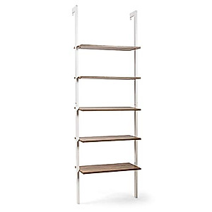 Tangkula 5-Shelf Bookcase, Modern 5-Tier Wood Wall Mounted Ladder Bookshelf with Metal Frame, 72 Inches Tall Industrial Open Ladder Shelf Display Rack Storage Shelves for Home Office (White, 1)