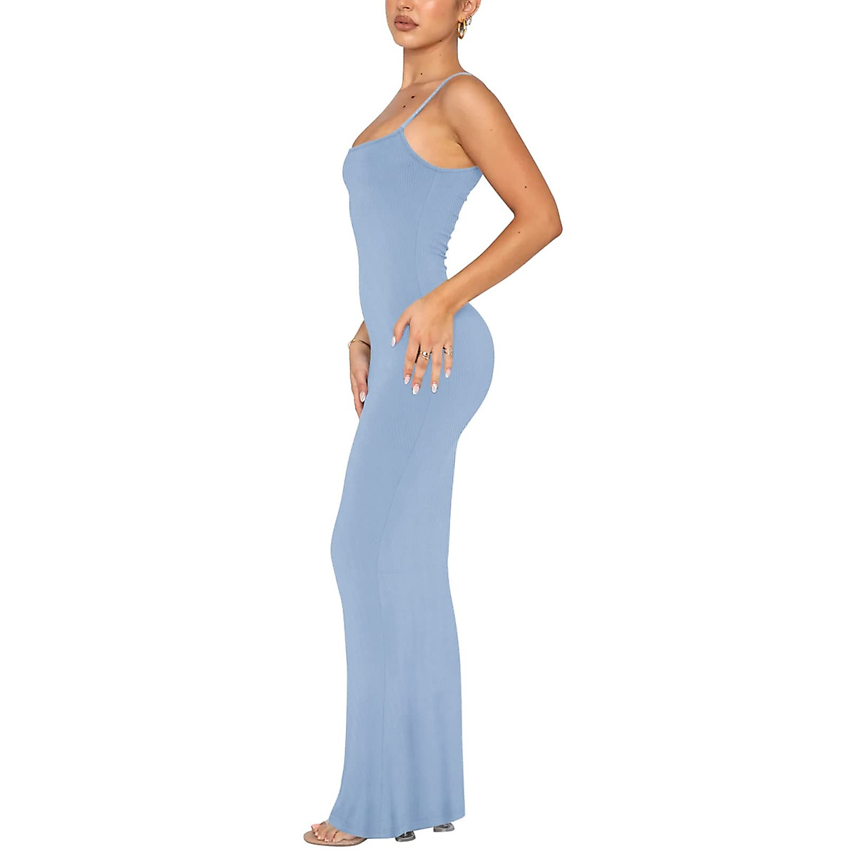 REORIA Women's Sexy Casual Lounge Slip Long Dress Elegant Wedding Guest Sleeveless Backless Ribbed Bodycon Maxi Dresses Blue Medium