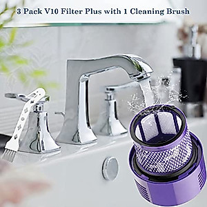 LhhTing Replacement V10 Filters for Dyson V10 Cyclone Series, V10 Absolute, V10 Animal, V10 Total Clean, SV12, Replace Part No. 969082-01, 3 Pack Filters and 1 Clean Brush