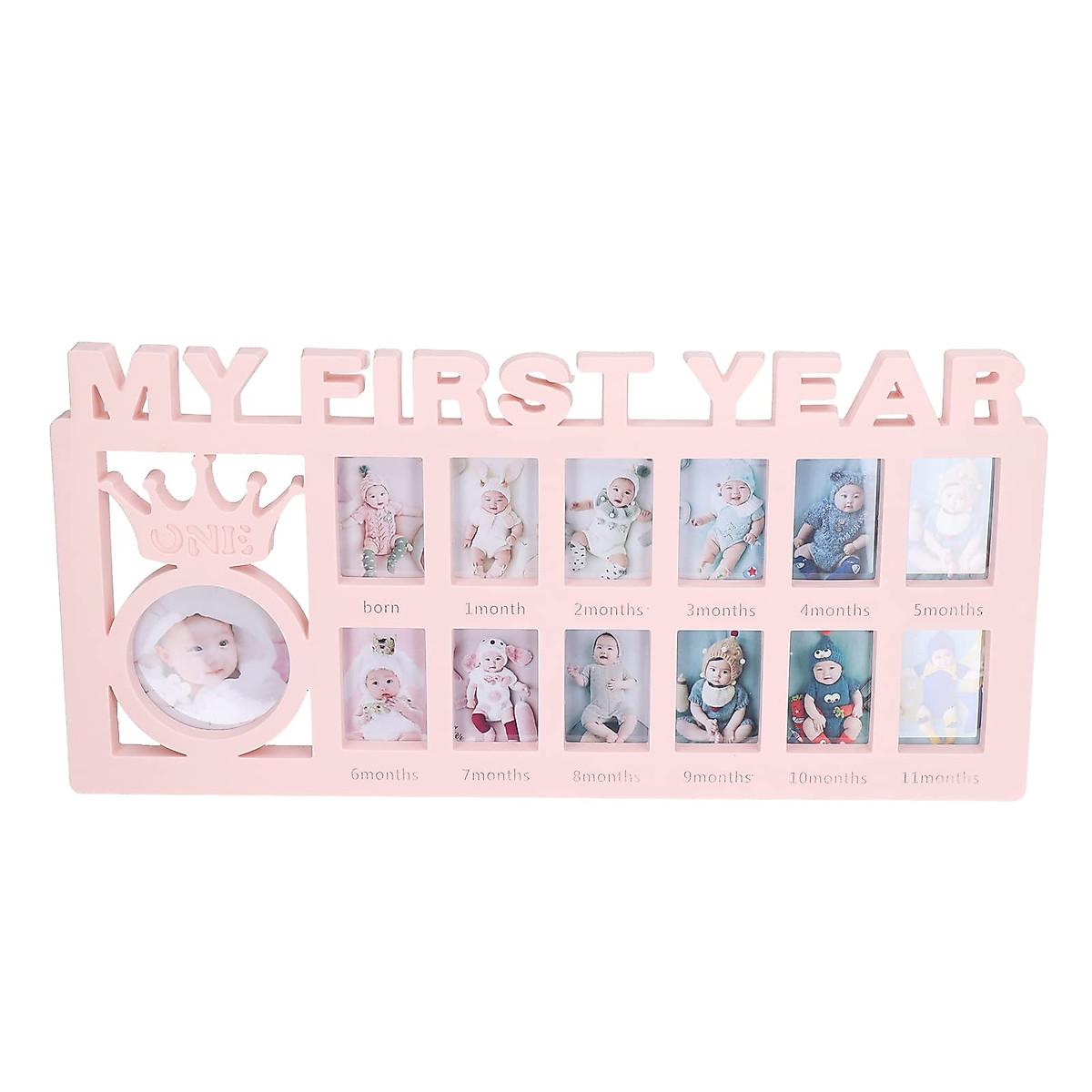 CHICIRIS Newborn Baby First Year Picture Frame with 12 Month Slots, Baby Monthly Collage Keepsake Frame for Photo Memories, White(pink)