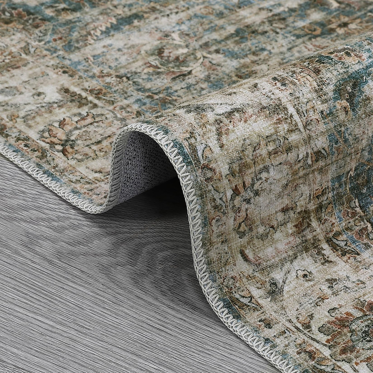 GarveeHome Washable Area Rugs 4x6 Rug Vintage Area Rug for Bedroom Non Slip Entryway Rug Chenille Living Room Rugs Distressed Non Shedding Stain Resistant Carpet for Nursery Office Blue 4'x6'