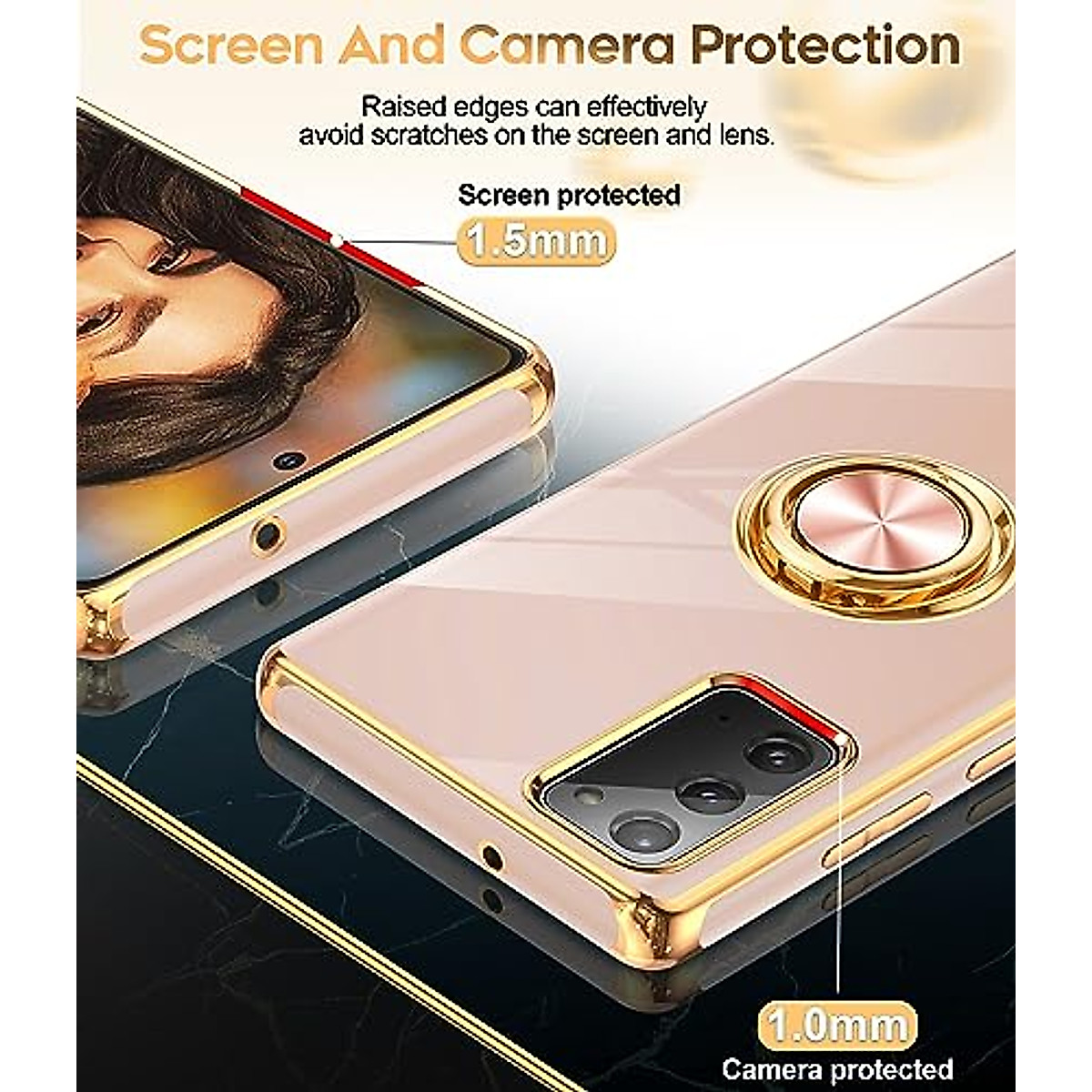 LeYi for Galaxy Note 20 Case: 360° Rotatable Ring Holder Magnetic Kickstand, Plating Rose Gold Edge Protective Samsung Galaxy Note 20 Case, Pink