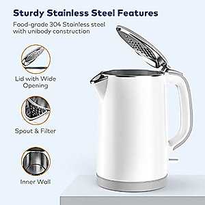 Miroc Electric Kettle, Double Wall 100percent Stainless Steel Cool Touch Tea Kettle with 1500W Fast Boiling Heater, Cordless with Auto Shut-Off & Boil Dry Protection, BPA-Free, White