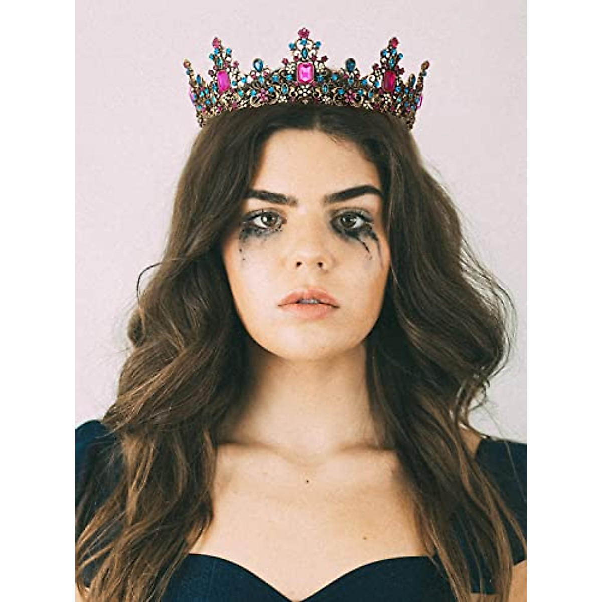 SWEETV Queen Crown for Women - Baroque Wedding Tiaras and Crowns, Jeweled Costume Tiara Princess Crown, Prom Birthday Party Halloween Hair Accessories, Old Gold + Hot Pink