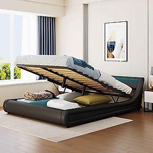 ATY Upholstered Queen Size Bed with Hydraulic Storage System, Platform Bedframe w/Faux Leather & LED Light Headboard, for Bedroom, Guestroom,Save Space, No Box Spring Needed, Black