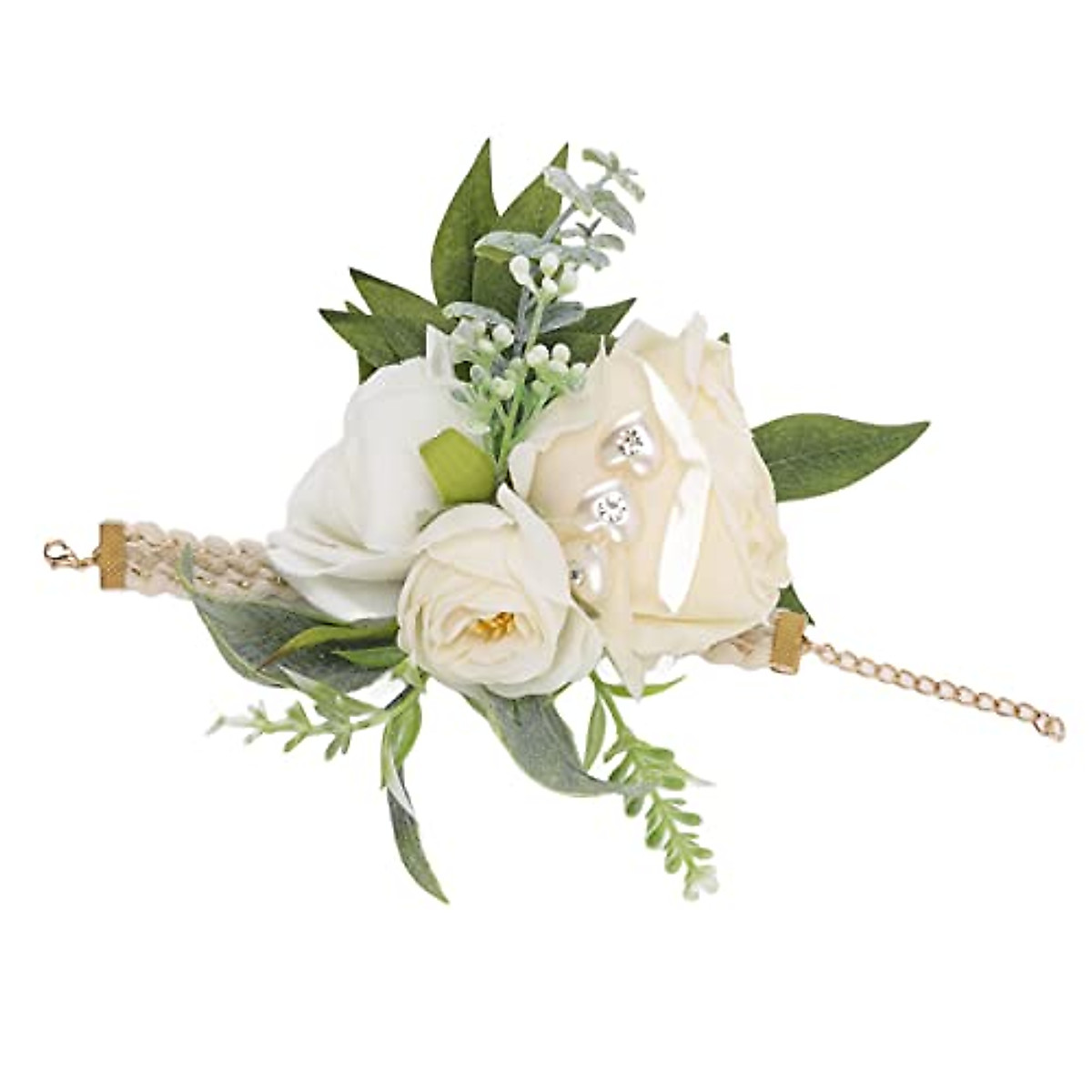 Wrist Corsage Wristlet Band Bracelet for Wedding Bride Wrist Flower Artificial Flower Decorative White Roses and Green Leaves for Wedding Party