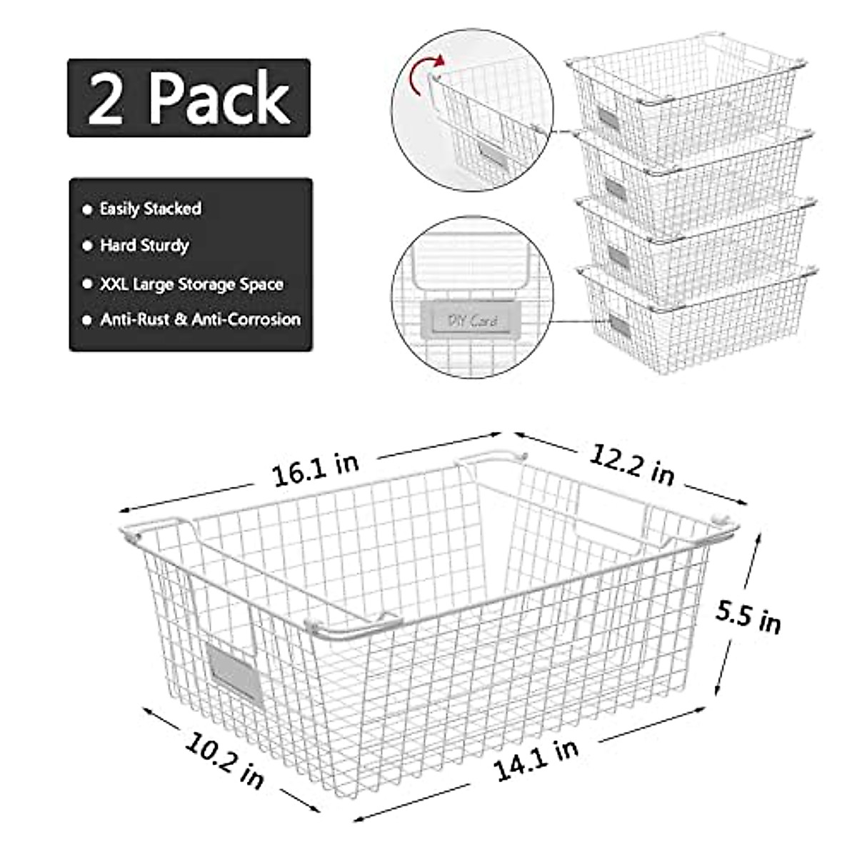 2 Pack Stackable Wire Storage Baskets With Handles,for Kitchen, Bathroom, Cabinets, Cupboards, Countertop - Freezer & Pantry Organizer Bins, for Snacks, Drinks, Potatoes, Onions, Meat XXL