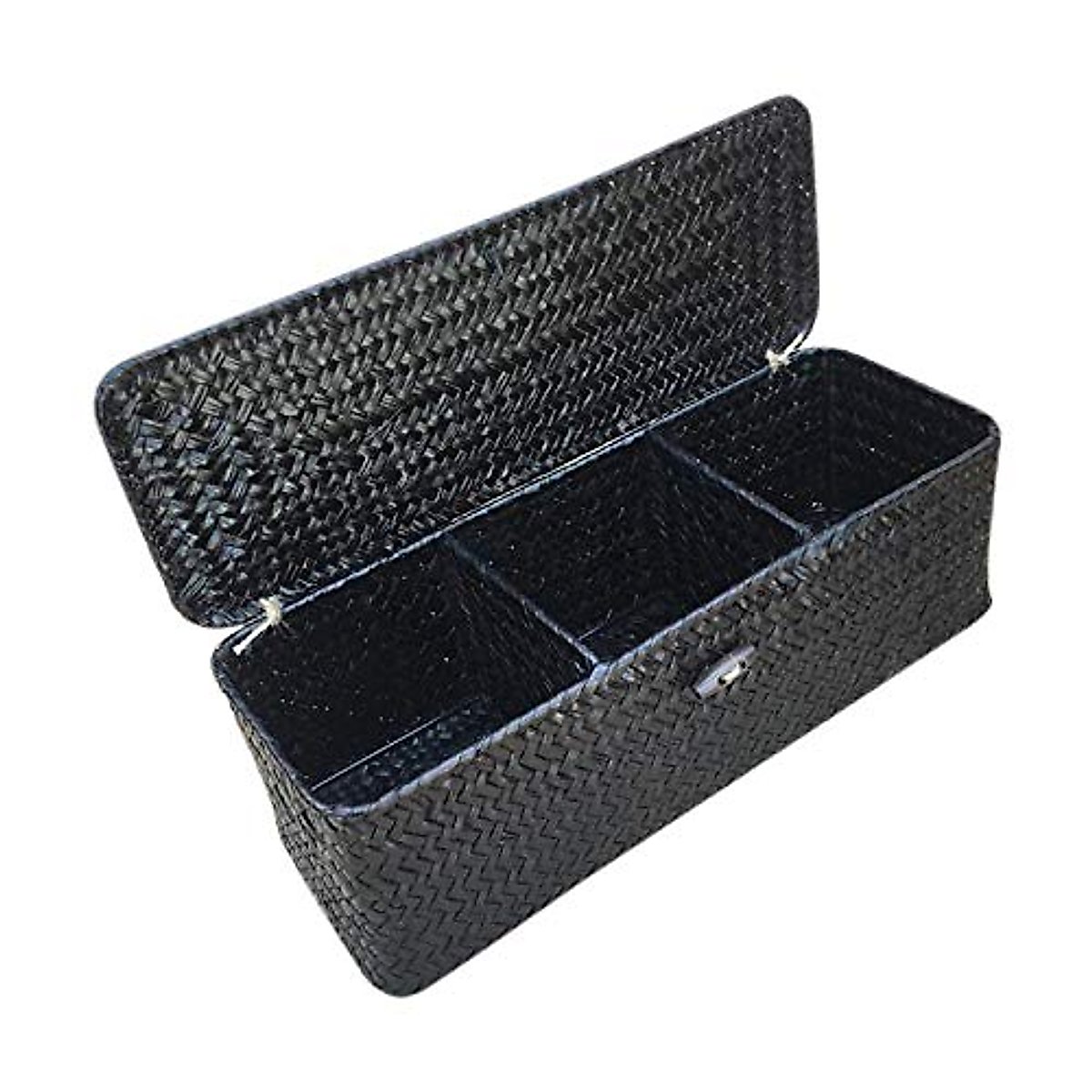 Cusstally 3 Compartment Storage Box Wicker Rattan Basket with Cover Sundries Holder Case Container Desktop Organizer