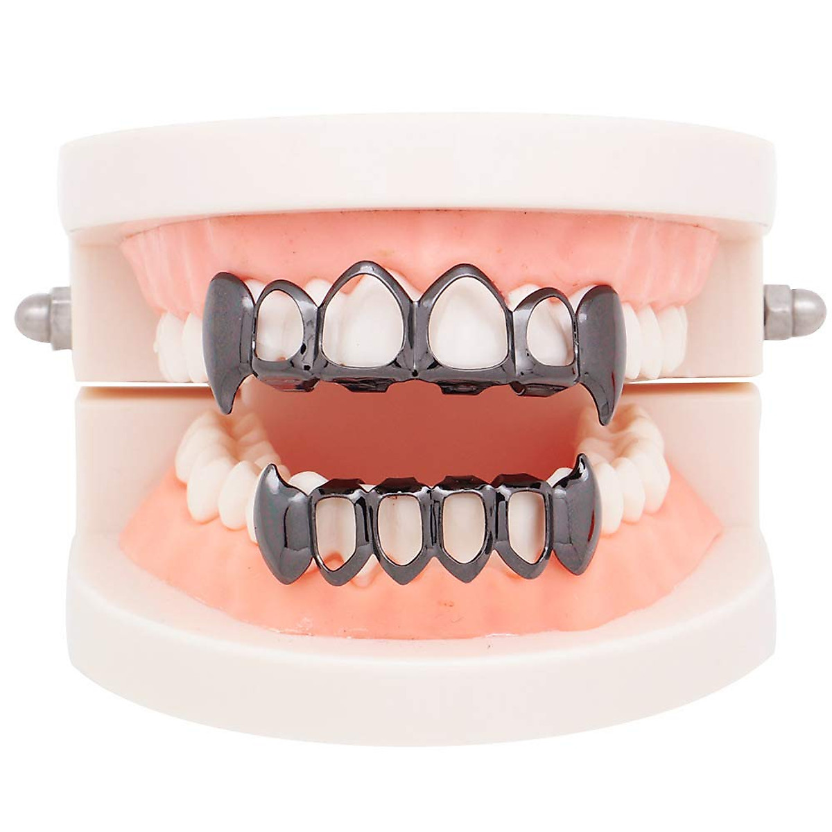 18K Gold Plated Grillz Fangs 6 Open Face Silver Plated Top & Bottom Set
