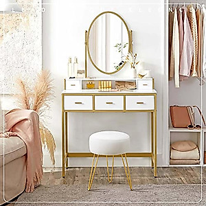 LUE BONA Vanity Stool, White Vanity Stools for Makeup Room, Round Ottoman Foot Stool, Velvet Footrest Vanity Chair for Bathroom Vanity, Bedroom, Living Room, Entryway, Offices