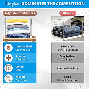 Tidy Friend Clear Acrylic Shelf Dividers for Closet Organization - Durable Closet Shelf Divider, Book Shelf or Pantry Shelf Divider for Wood Shelves - Pack of 4 Space Saving Shelf Organizers