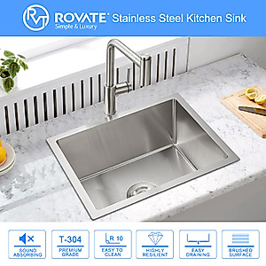 ROVATE 20 inch Kitchen Sink Undermount Singel Bowl, Bar or Kitchen Sink Handmade, 304 Stainless Steel Kitchen Sink with Strainer