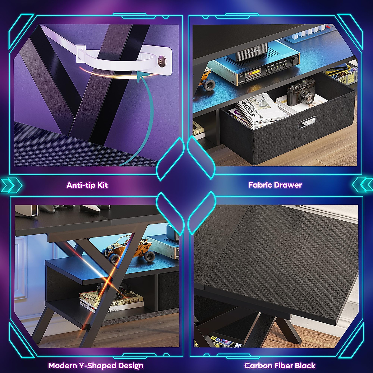 Bestier LED TV Stand with Power Outlets for 70/75/80 inch TV, Gaming Entertainment Center with Storage for PS5, 70 Inch Modern TV Cabinet with Drawers for Living Room, Bedroom, Carbon Fiber Black