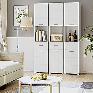 FOTOSOK 71" Tall Thin Corner Floor Cabinet with 2 Doors 1 Dresser, Freestanding Bathroom Storage Cabinet 6 Tier Display Shelf for Living Room Office