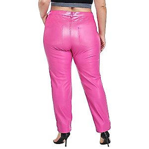 HDE Women's Plus Size Faux Leather Pants High Waist Straight Leg Pant w/Pockets Hot Pink - 1X