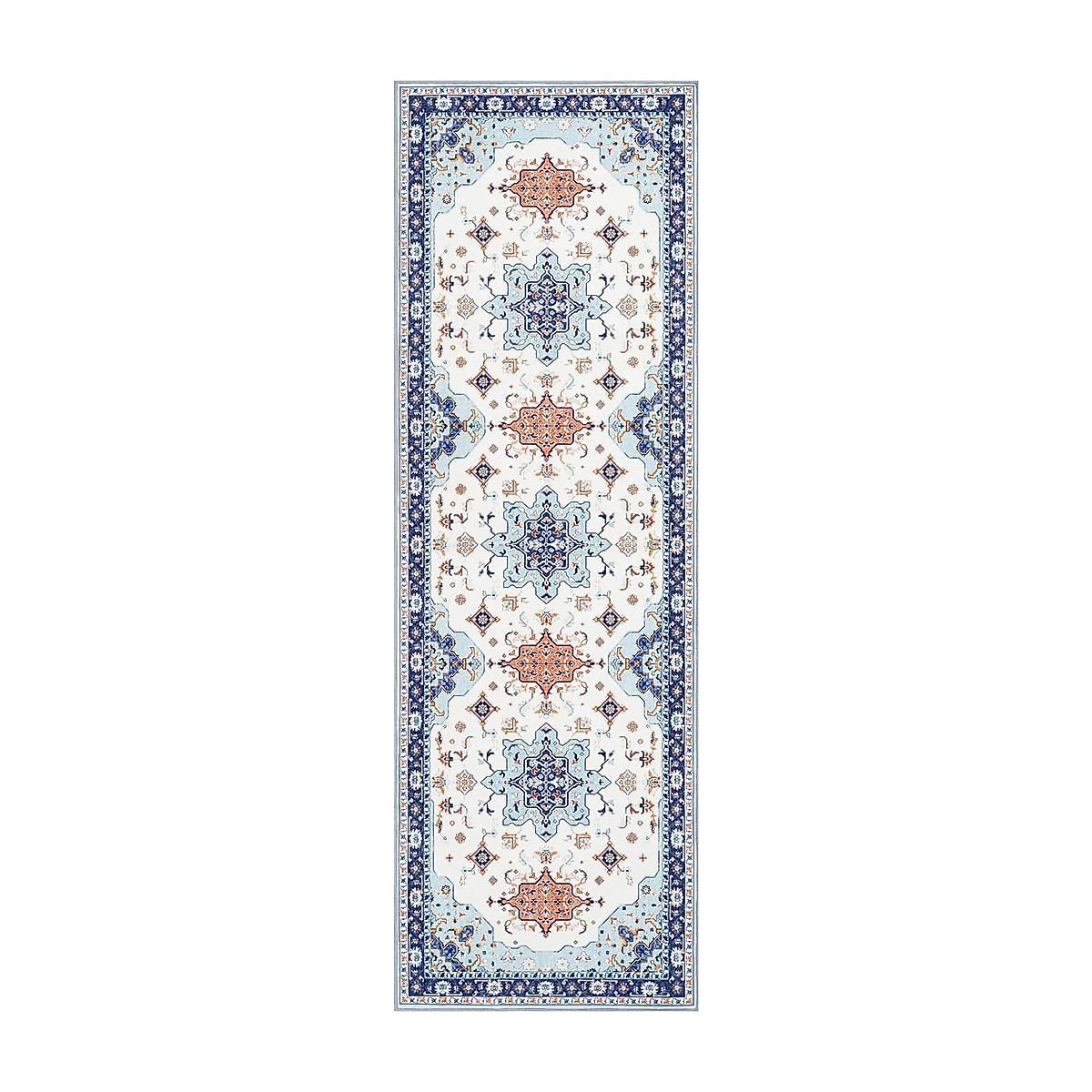 Phantoscope Hallway Runner Rug 2'x6'-Long Rug Runner Boho Retro-Patterned Washable Non-Slip Carpet for Kitchen Entryway Laundry Bedroom,Ultra-Thin Vintage Distressed Accent Rug,Blue/Orange/Cream