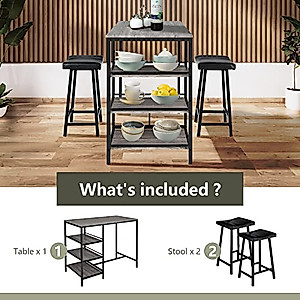 COSTWAY 3 Pieces Dining Table Set, Counter Height Pub Table Set with 2 Upholstered Bar Stools and 3 Shelves, Industrial Kitchen Table Set for Living Room, Restaurant