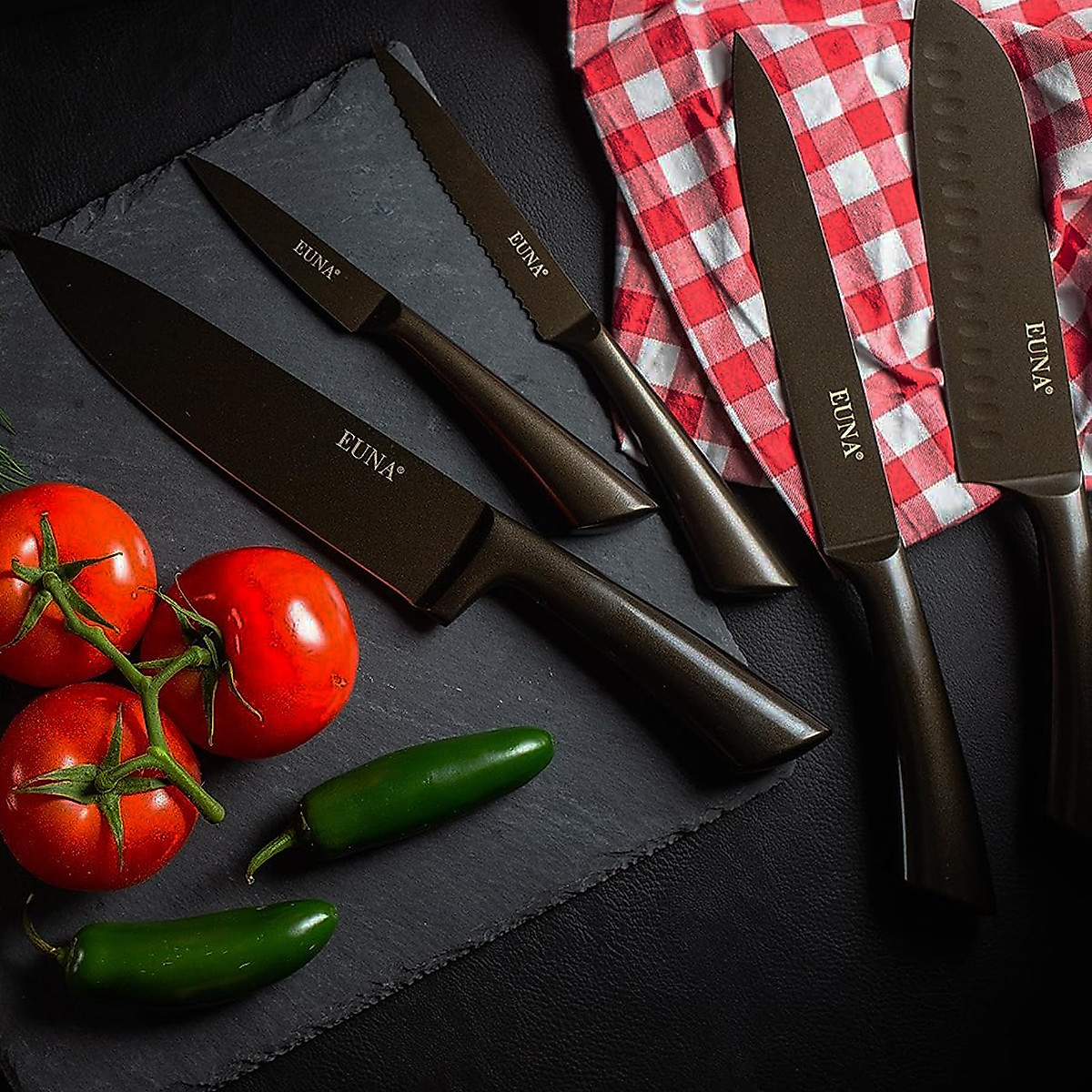 EUNA Kitchen knife set of 5, Sharp Chef Knife Set without Block Professional High Carbon Stainless Steel Cooking Knife Set with acrylic Handle and Gift Box