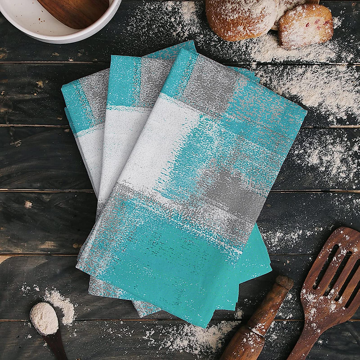 Kitchen Towels Set Abstract Paint Art Graffiti Lattice Tea Towel Microfiber Absorbent Washable Teal Turquoise White Grey Soft Hand Dish Towel Cleaning Cloth for Kitchen Bathroom, 18 x 28 Inch