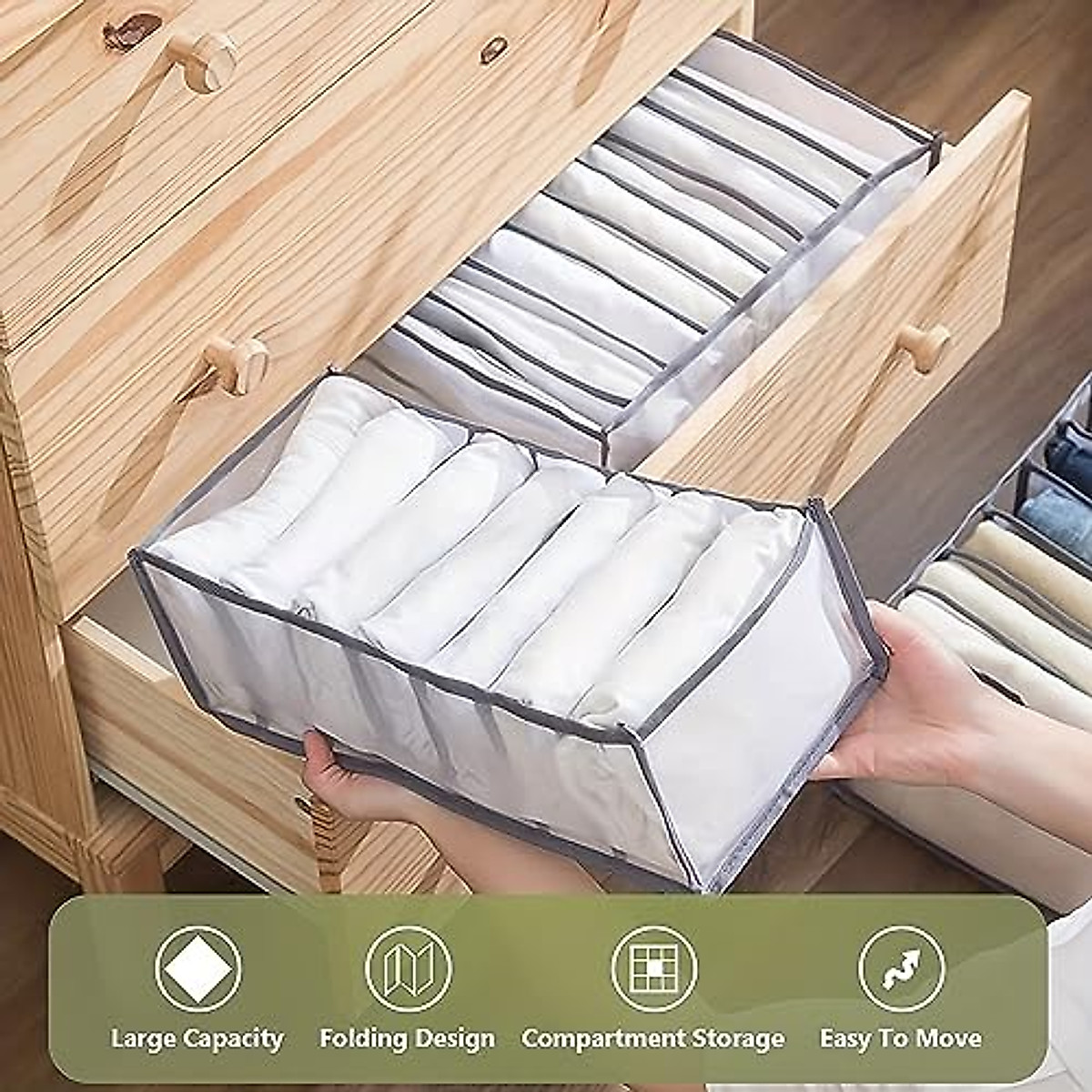 6pcs Wardrobe Clothes Organizer For Jeans, Upgraded Drawer Organizers For Clothing With Handle, Foldable Drawer Organizers For Family (Shirt+Jeans+T-Shirt+Bra+Underwear+Socks, Gray)