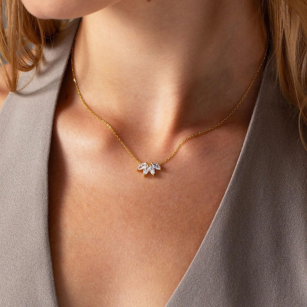 HANLI 14K Gold Plated Marquise CZ Necklace for Women - Dainty Gold, Simple Everyday Elegant Jewelry