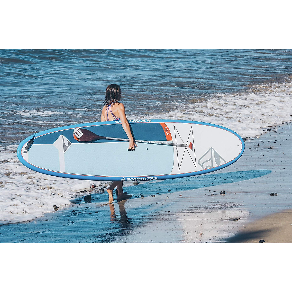 Boardworks Sōlr | Recreational Stand Up Paddleboard | X-Shot Epoxy Hardboard with Paddle | 10' 6",Blue/White/Grey