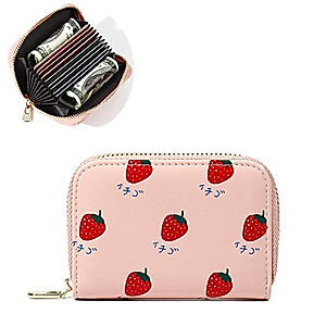 NVKIC Cute Credit Card Holders for Women Strawberry Pattern Zip-Around Faux Leather Slim Wallet for Girls Cash Coin Purse Pink Color