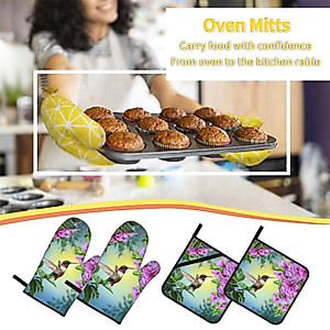 Mount Hour 4-Piece Set Oven Mitts and Potholders, Spring Bird Hummingbird Summer Purple Flower Floral Baking Glove and Pot Holder for Cooking BBQ