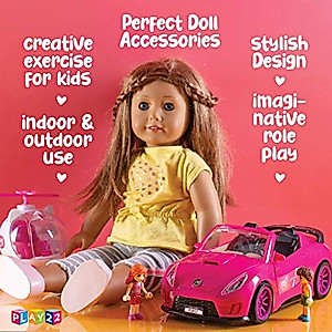 Play22 Pink Convertible 2-Seater Vehicle Doll Accessories with Lights and Sounds 10 Pc - Car for Dolls Set - Toy Car Includes Helicopter Doll, 2 Figurines, Dining Table Set - Great Gift
