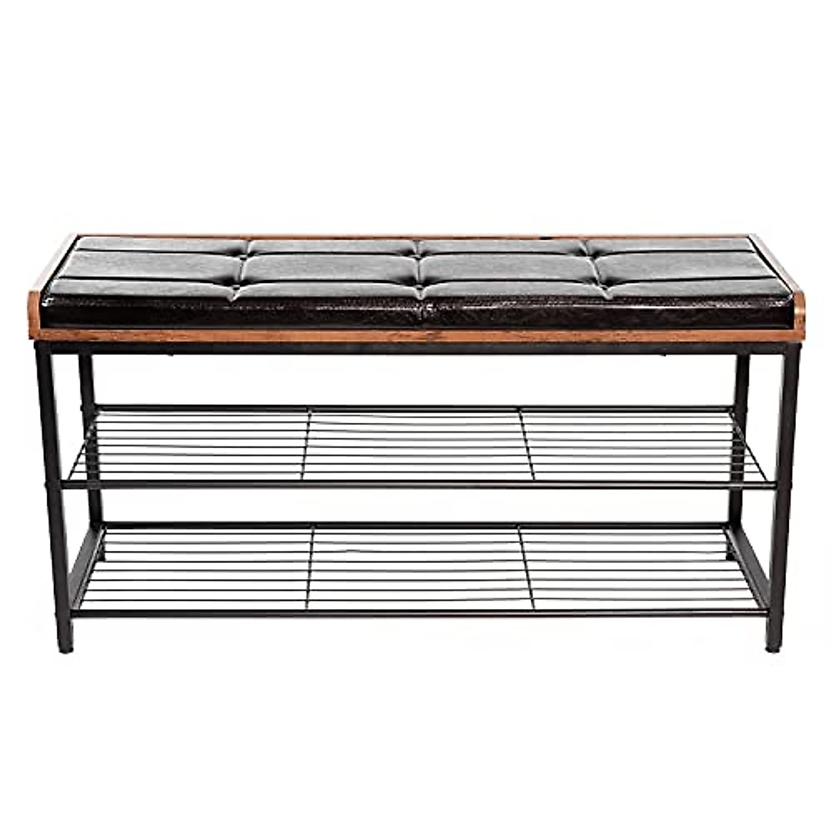 AVAFORT Two Layer Shoe Bench with PU Leather Padded Seat Top, Metal Frame, Rustic Brown
