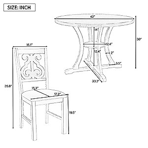 Quarte 5-Piece Retro Dining Table Set, Wood Round Dining Table and Chair Set with Special-Shaped Legs and an Exquisitely Designed Hollow Chair Back (Gray+Retro^)