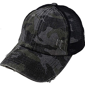 Funky Junque Ponytail Messy Bun Trucker Ponycap: Jet Black CAMO w/Black Criss Cross Back