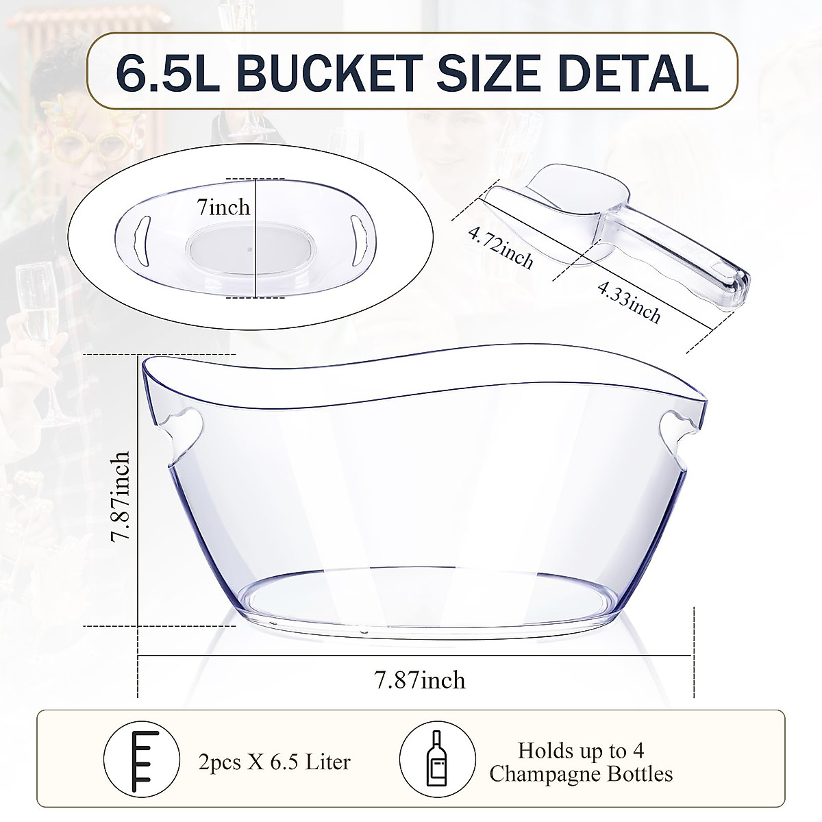 Ice Buckets for Parties, 6.5L Beverage Tub 2pcs Large Mimosa Bar Clear Acrylic Champagne Bucket with Scoops, Drink Bucket Tub for Cocktail Bar, Upgraded 6.5 Liter Wine Beer Cooler Bucket Kit