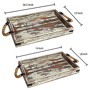 MyGift Country Rustic Torched Wood Rectangular Coffee Breakfast Serving Tray with Rope Handles, Set of 2