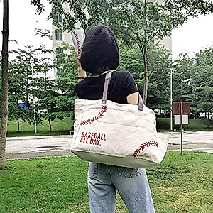XL Baseball Mom Tote Bags For Women Canvas Utility Purse Handbag with Pockets Embroidery Baseball Prints Shoulder Beach Bag Baseball Stuff Gifts for Baseball Mom Boys Girls Lover (X-Large, White）