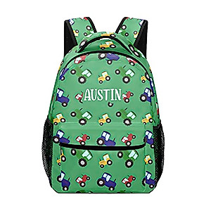 CustomLife Personalized Green Tractors School Backpacks Bookbag Travel Pack for Boys Girls Men Women, 16.5''(H) x 12.2''(L) x 5.9''(W)