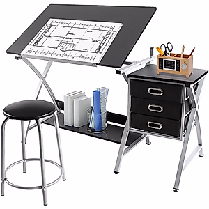 Yaheetech Drafting Desk, Drawing Table for Artists/Adults, Art Desk w/Stool and 3 Slide Drawers, Painting Studio Design Work Station, Adjustable Tabletop
