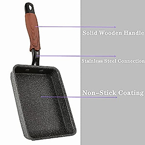DXBVIEX Japanese Omelette Pan Nonstick With Wooden Lid, Rectangle Tamagoyaki Pan, Small Square Frying Egg Roll Pan, 5.7"x 7.6" With Spatula & Brush (Black)