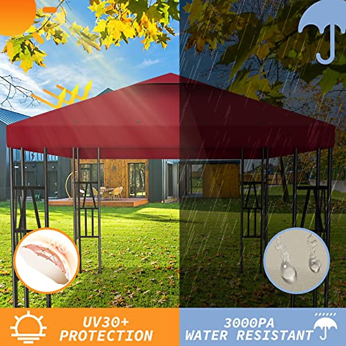 FOLAWO 10' X 10' Gazebo Replacement Canopy Double Tier Gazebo Covers for Yard Patio Garden Canopy Sunshade (Red)