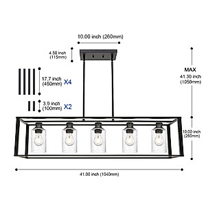 Wanluce Rectangular Chandelier for Dining Room 5 Light Matte Black Lights Fixtures with Glass Shade Farmhouse Linear Industrial Modern Hanging Lighting