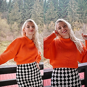 ZAFUL Women's Cropped Turtleneck Sweater Lantern Sleeve Ribbed Knit Pullover Sweater Jumper (1-Orange, M)