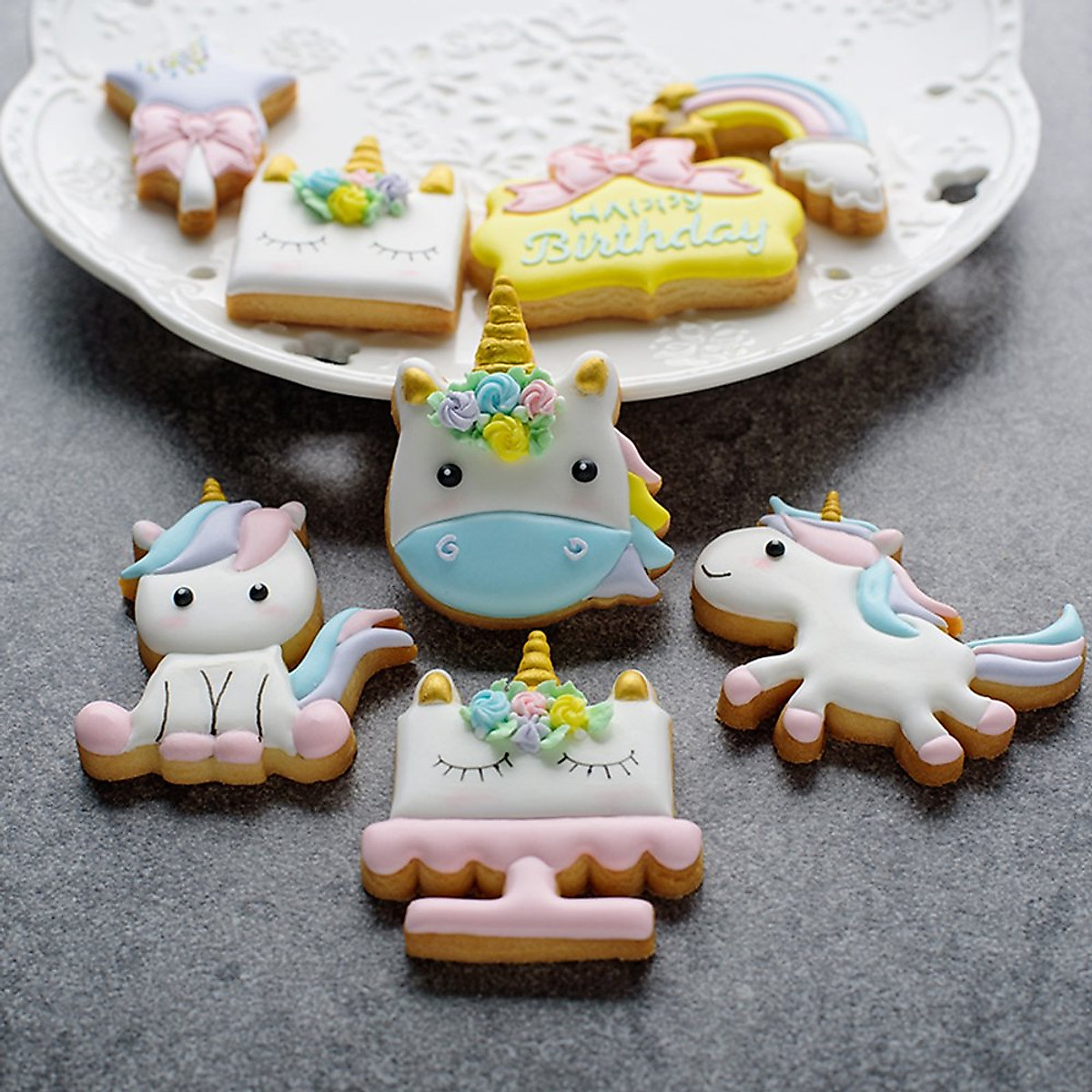 Mini Fantasy Horse Cookie Biscuit Fondant Cake Mold - Set of 16 - 8Pcs Cookie Cutter and 8Pcs Cookie Stencils, Include Horse Head, Horse, Plaque Frame, Magic Wand and Rainbow