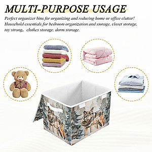 senya Winter Baskets Collapsible Storage Bins with Lids, Wolf Snow Winter Storage Boxes Clothes Baskets for Organizing