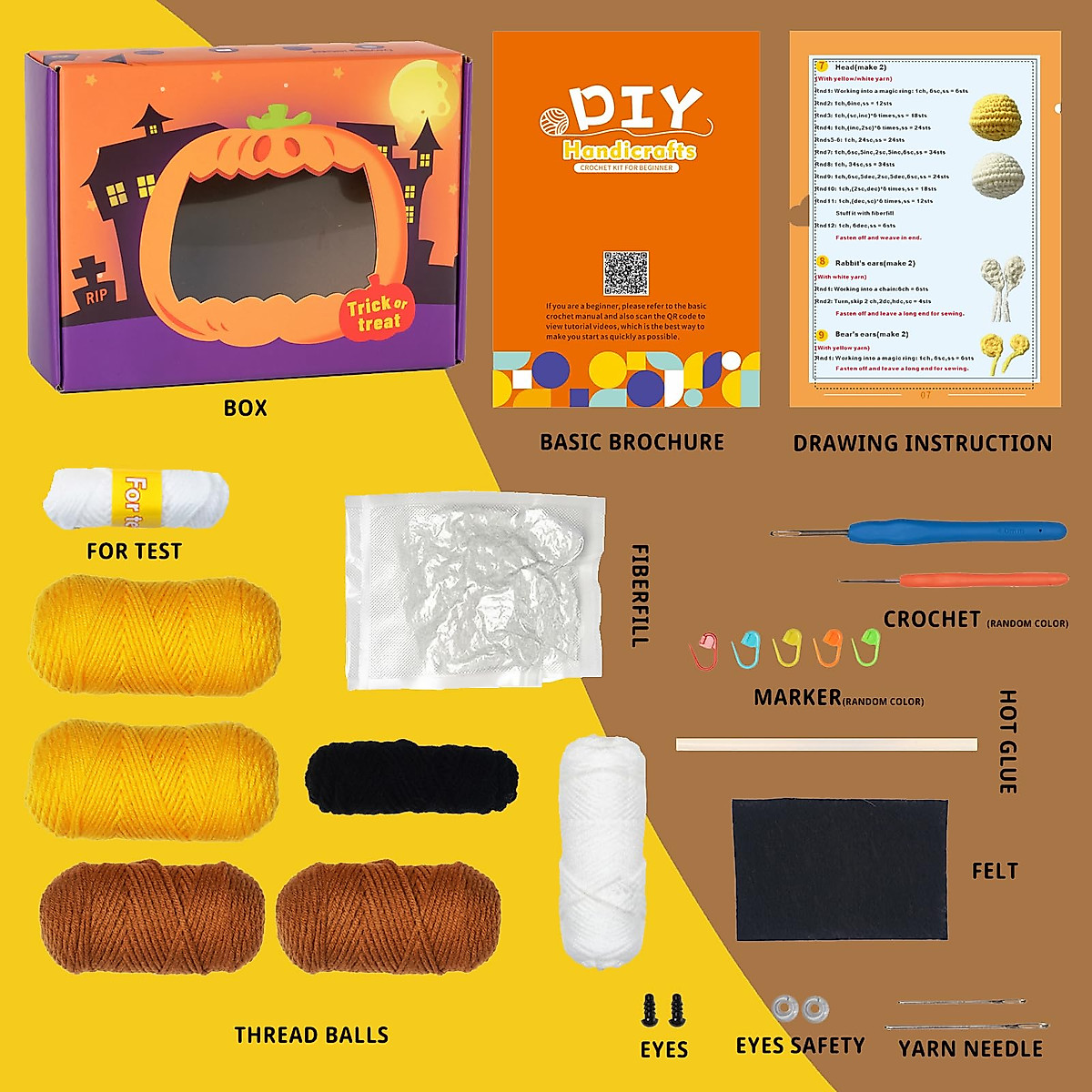 Anowpo Crochet Kit for Beginners，Halloween Pumpkin Animal Candy Bag Case Crochet Set DIY Gift for Starters Adult Kids Instruction and Step-by-Step Video Tutorials (Pumpkin Candy Bag)