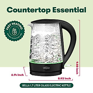 BELLA 1.7 Liter Glass Electric Kettle, Quickly Boil 7 Cups of Water in 6-7 Minutes, Soft Green LED Lights Illuminate While Boiling, Cordless Portable Water Heater, Carefree Auto Shut-Off, Black