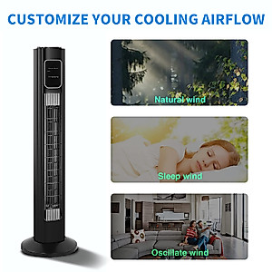 Antarctic Star Tower Fan Oscillating Fan Quiet Cooling Remote Control Powerful Standing 3 Speeds Wind Modes Bladeless Floor Fans Portable Bladeless Fan for Children Bedroom Home Office (Black, 35")