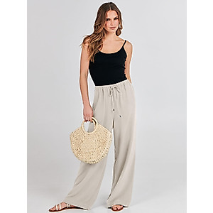 ANRABESS Women's Linen Summer Palazzo Pants Elastic Waist Casual Beach Trendy Wide Leg Trousers with Pockets Large Apricot