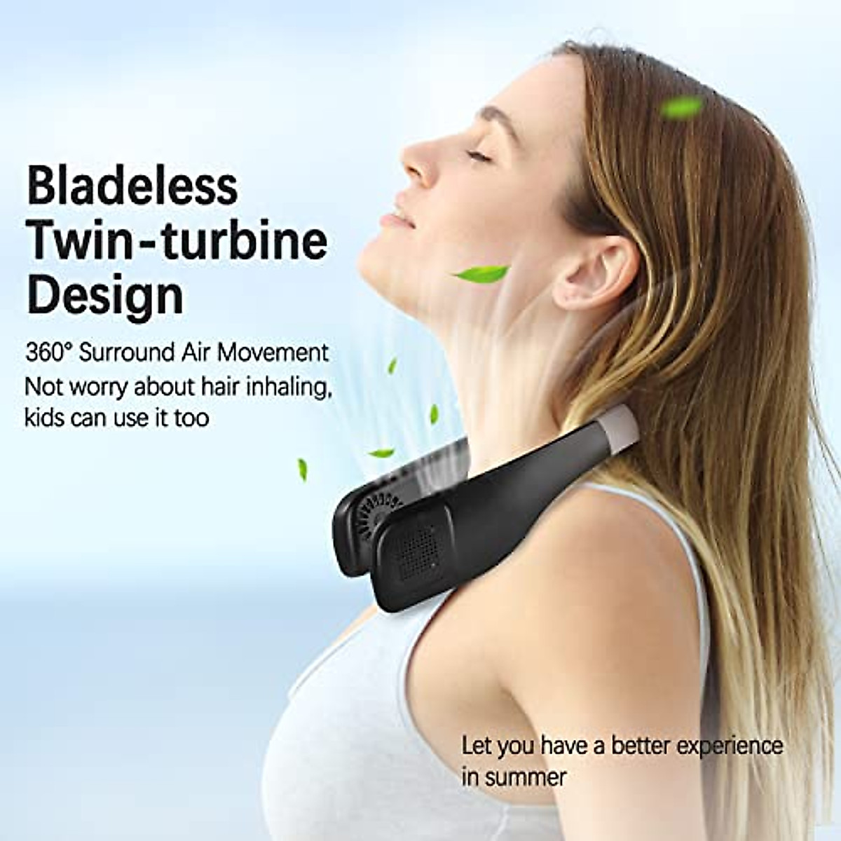 YUSSOT Portable Neck Fan, Hands Free Bladeless Fan Rechargeable, Battery Powered Wearable Personal Fan, Low Noise, 360° Cooling Personal Hanging Fan with 3 Speed, Perfect for Outdoor Indoor, Black