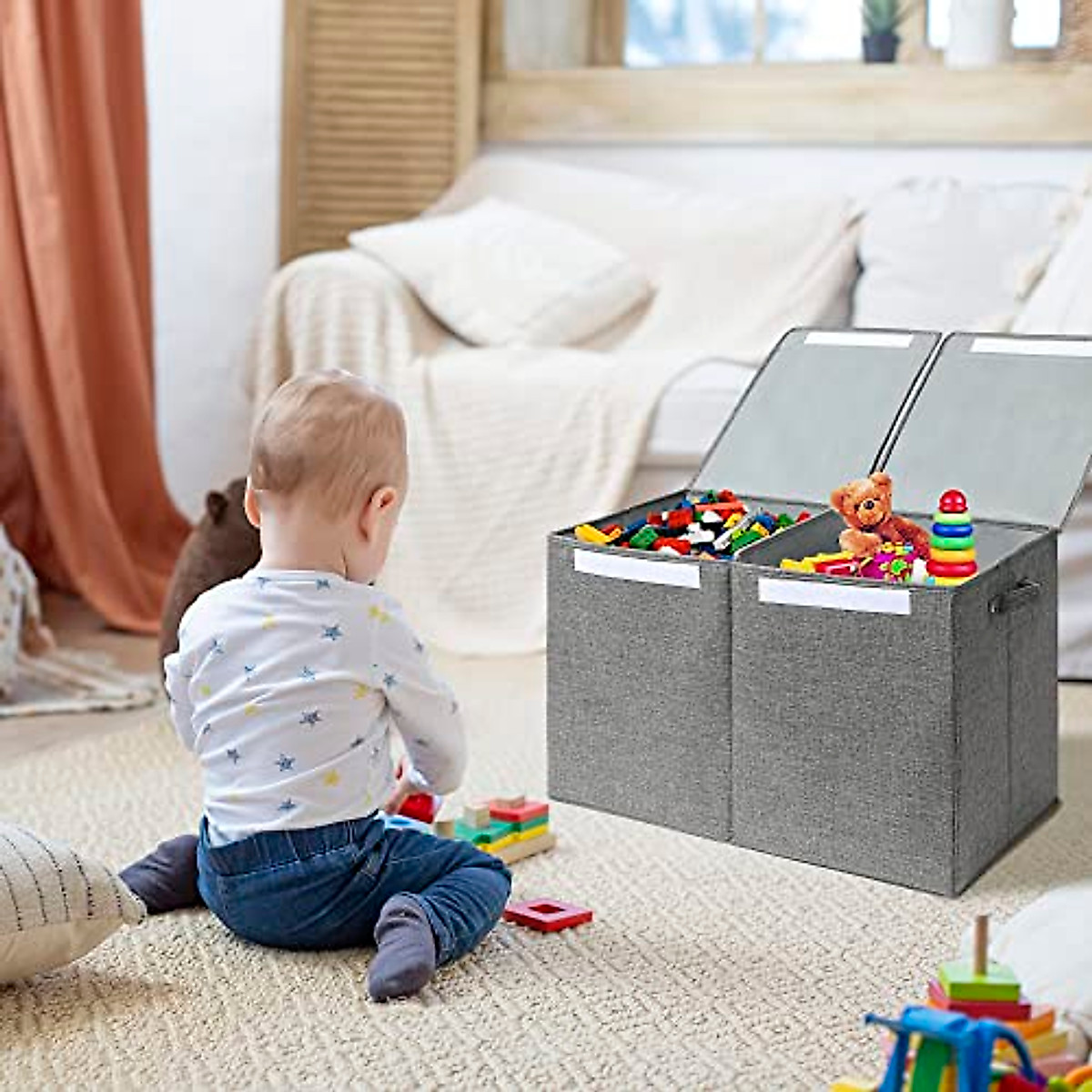 hibobi Large Toy Box with Double Flip-Top Lid, Collapsible Sturdy Toy Chest Storage Bins with Handles, Toy Storage Organizer for Kids Boys Girls Nursery,Playroom,Bedroom, 24.5"x13"x16", Gray