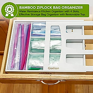 Bamboo Ziplock Bag Organizer for Drawer- Water Resistance Kitchen Organizer with 4 Slots, Effective Storage Bag Organizer with Removable Top- Suitable for Quart, Gallon & Snacks Zip Lock Bag- White